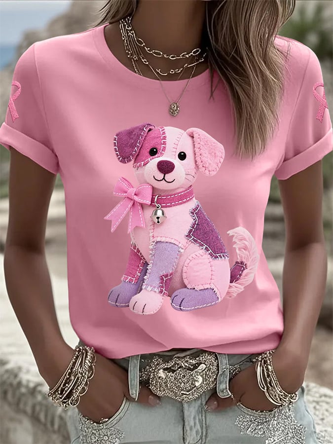 Pink Dog Pink Ribbon Breast Cancer Awareness Support Print T-Shirt