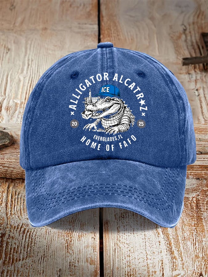 Unisex distressed washed Alligator Alcatraz print hat