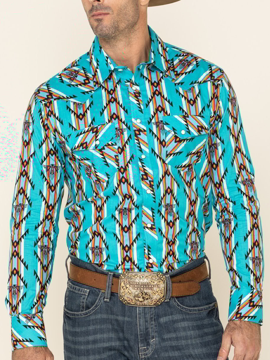 Turquoise Aztec Print Long Sleeve Western Shirt