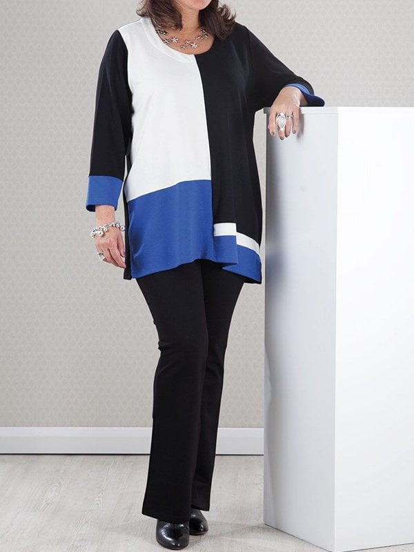 Round Neck Color Matching Long-Sleeved Hem Irregular Blouse And Trouse