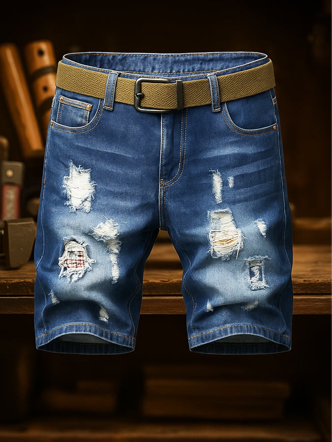 Men's Vintage Outdoor Functional Ripped Denim Shorts