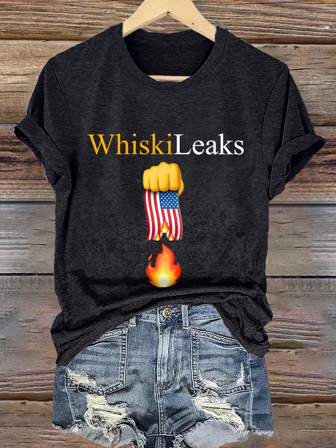 Retro Whiskileaks Fist Flag Fire Print T-Shirt