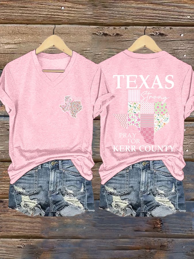 V Neck Retro Texas Strong Pink Bow Print Pray For Kerr County Print T-Shirt