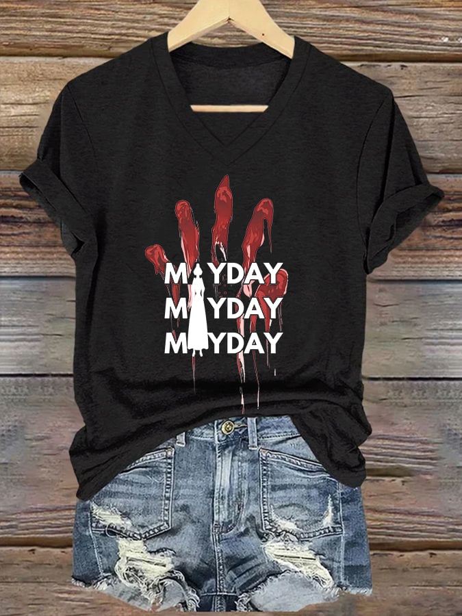 V-Neck Retro Mayday Mayday Mayday Red Handprint Resist Print T-Shirt