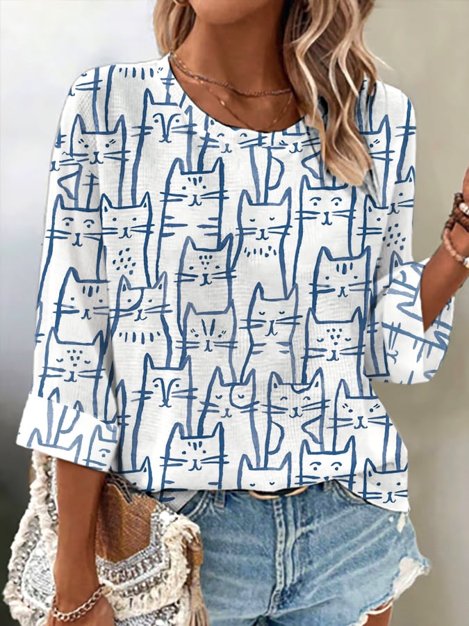 Women's Retro Funny Animal Cat Print Shirt