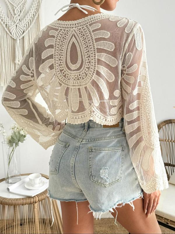 🌺 Women's Floral Embroidered Semi-Sheer Cover Up 🌊 | Cute Long Sleeve ...
