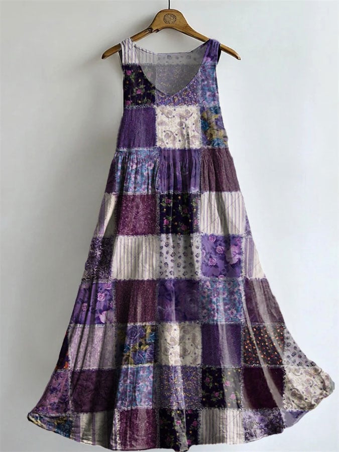 Women's Vintage Purple Floral Patchwork Print Dress