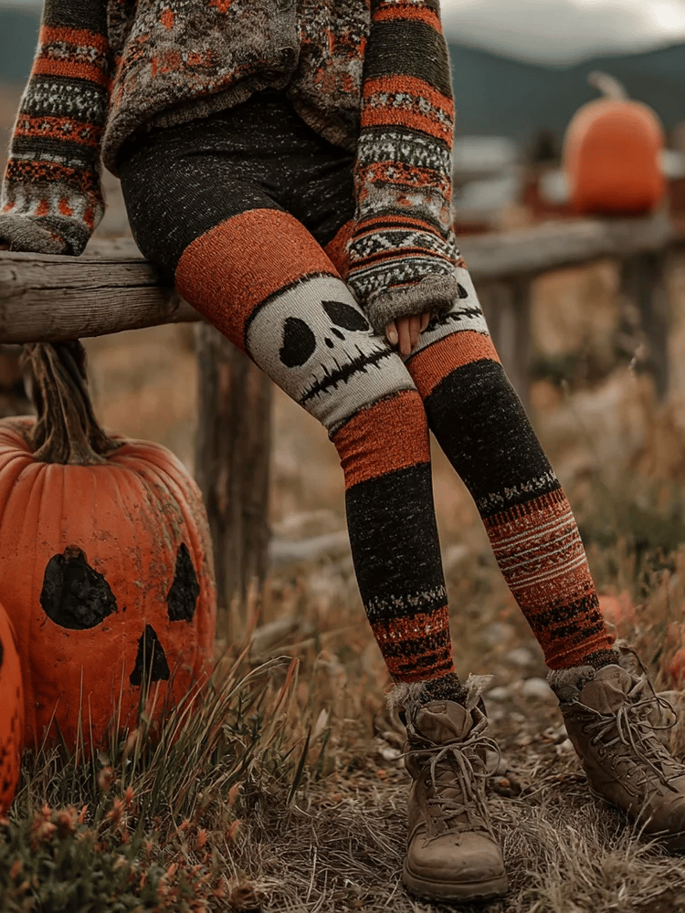 Women's Halloween Pumpkin Colorblock Print Knit Comfort Leggings