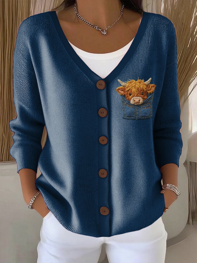 Women's Highland Cow Print Chunky Knit Cardigan