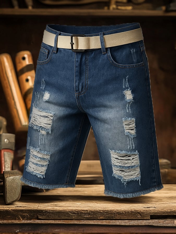 Men's Vintage Outdoor Functional Ripped Denim Shorts