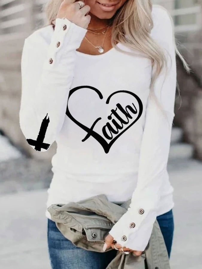 Women's FAITH Heart-shaped Cross Print T-shirt