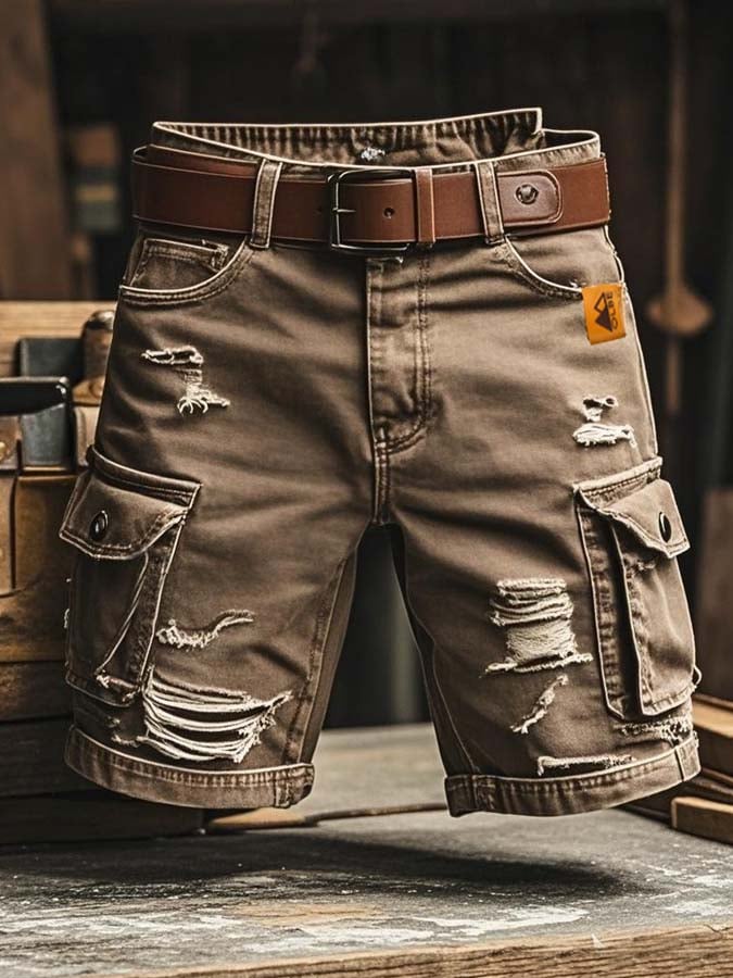 Men's Vintage Outdoor Functional Ripped Denim Shorts