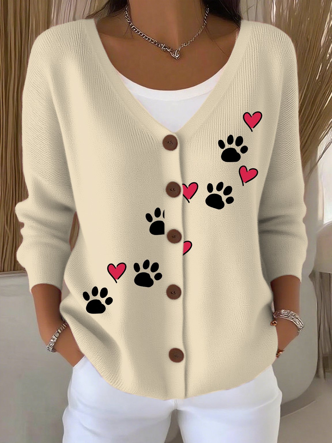 Women's Retro Animal Paw Print Cardigan