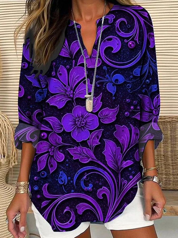 Women's Alzheimer's Gradient Floral Print Casual Long Sleeve V-Neck Shirt