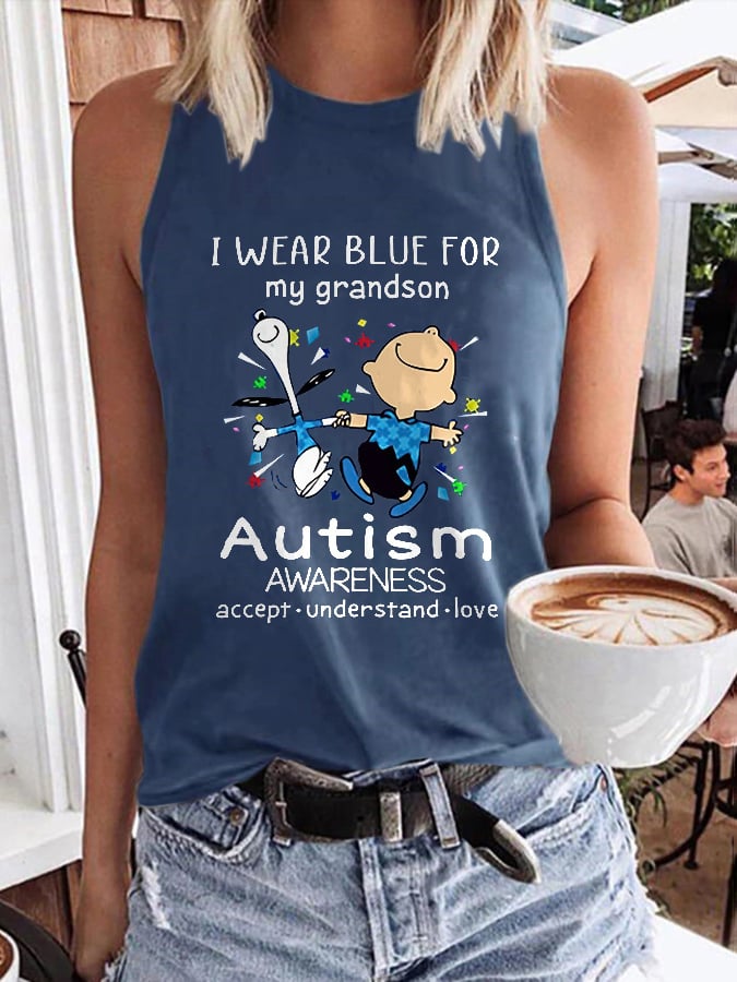 Autism Awareness I Wear Blue For My Grandson Print Tank Top