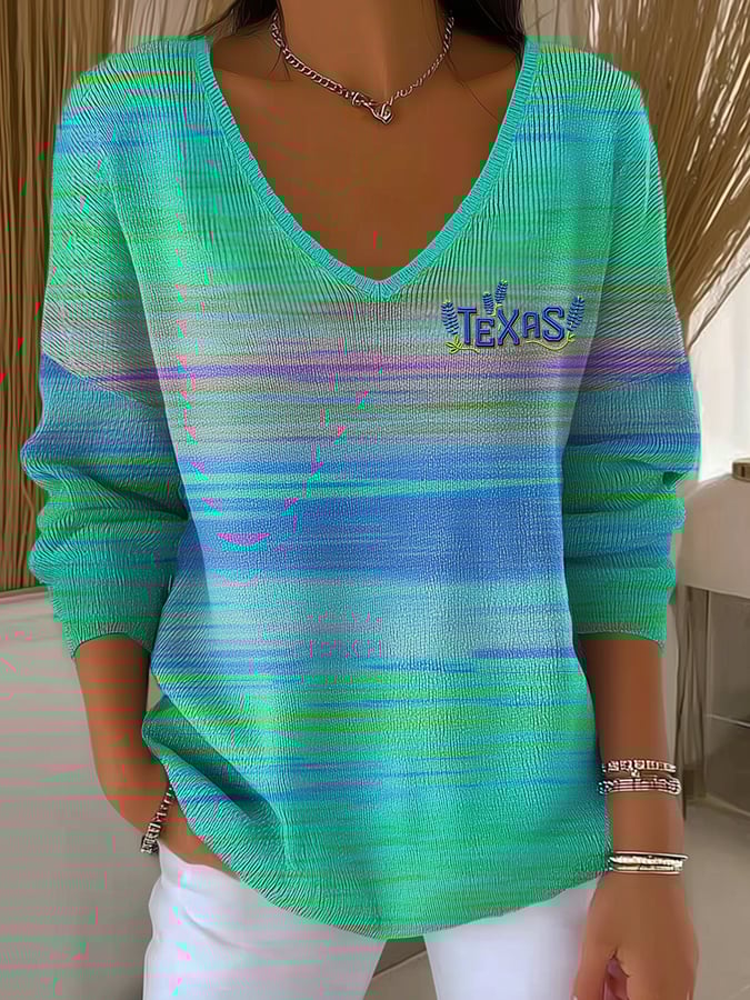 Women's Casual Texas Gradient Striped Long Sleeve T-shirt