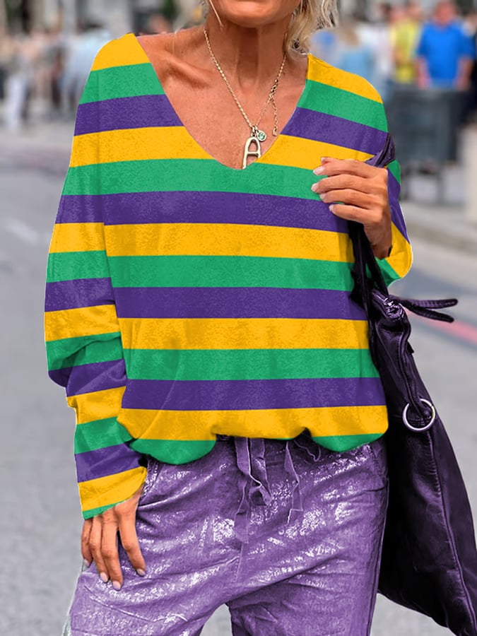 Women's Mardi Gras Stripes Print V-Neck Top