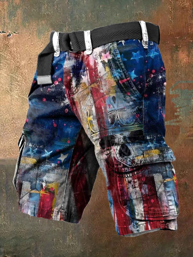 Men's Independence Day Vintage Paint Skull Print Overalls Shorts ...