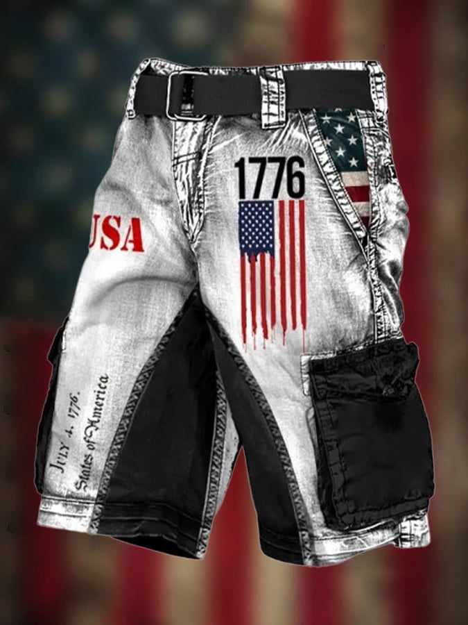 Men's Independence Day American Flag Star 1776 Print Cargo Shorts
