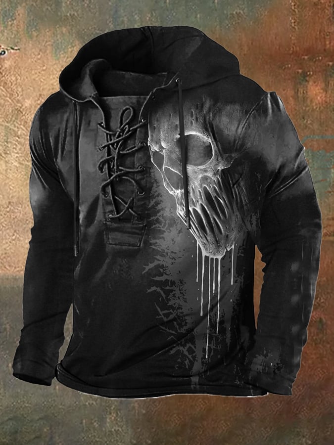 Men's retro 3D skull print lace-up sweatshirt