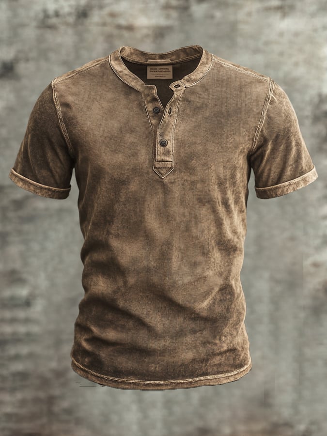 Men's Vintage Distressed Henley Short Sleeve T-Shirt
