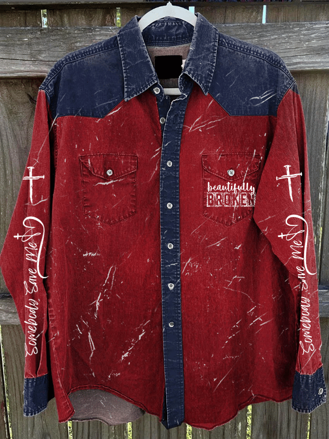 Men's Country Music Print Linen Shirt With Two Chest Pockets