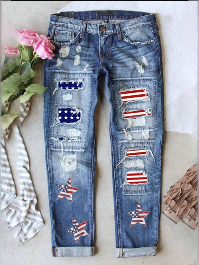 Baseball Ripped Casual Denim Jeans